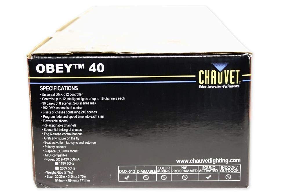 Chauvet Obey 40 Universal Dmx 512 Controller with 192 Channels and Midi Compatibility + Chauvet Dmx3p25ft Dmx Xlr Female to Male Dmx Cable