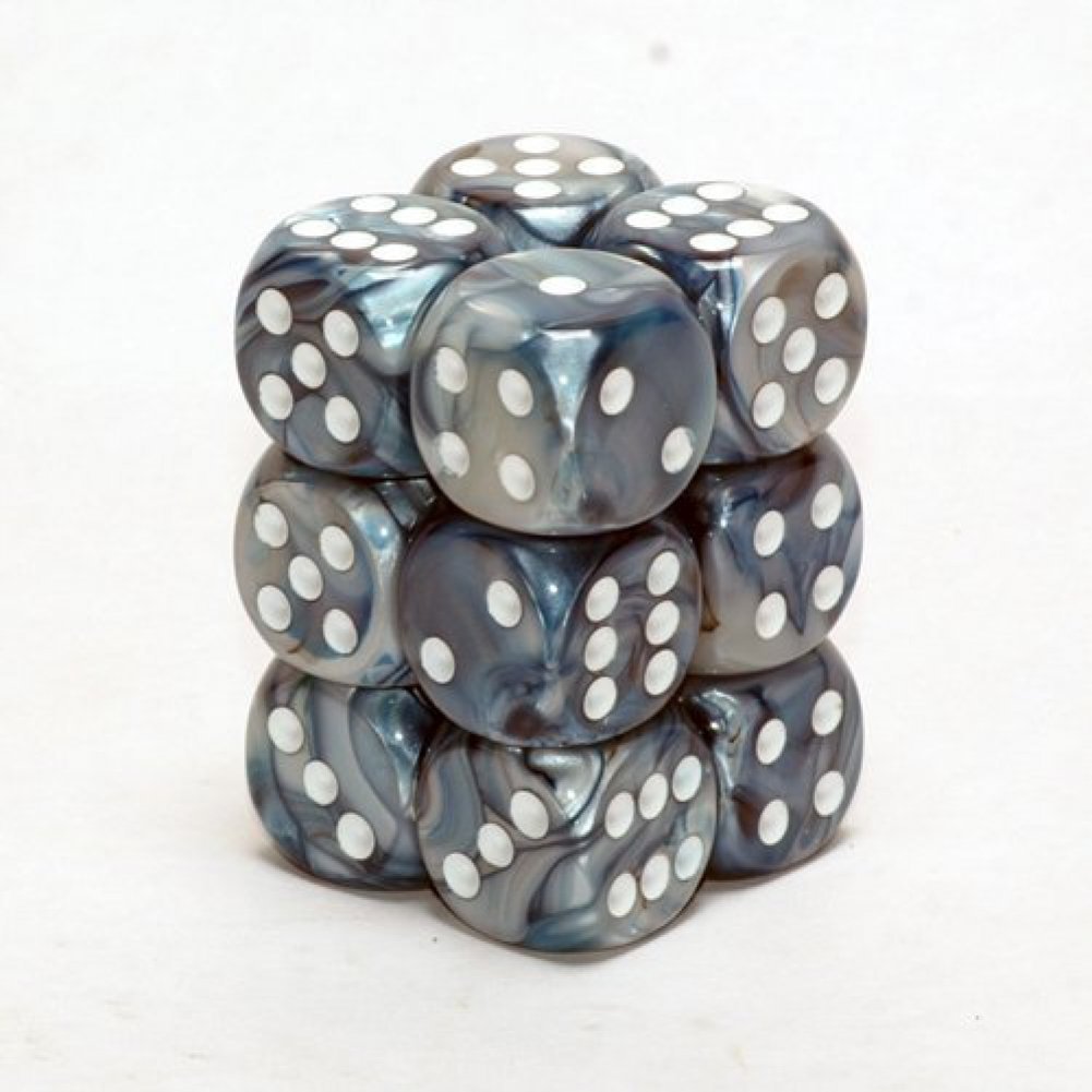 Chessex Dice d6 Sets: Lustrous Slate with White - 16mm Six Sided Die (12) Block of Dice