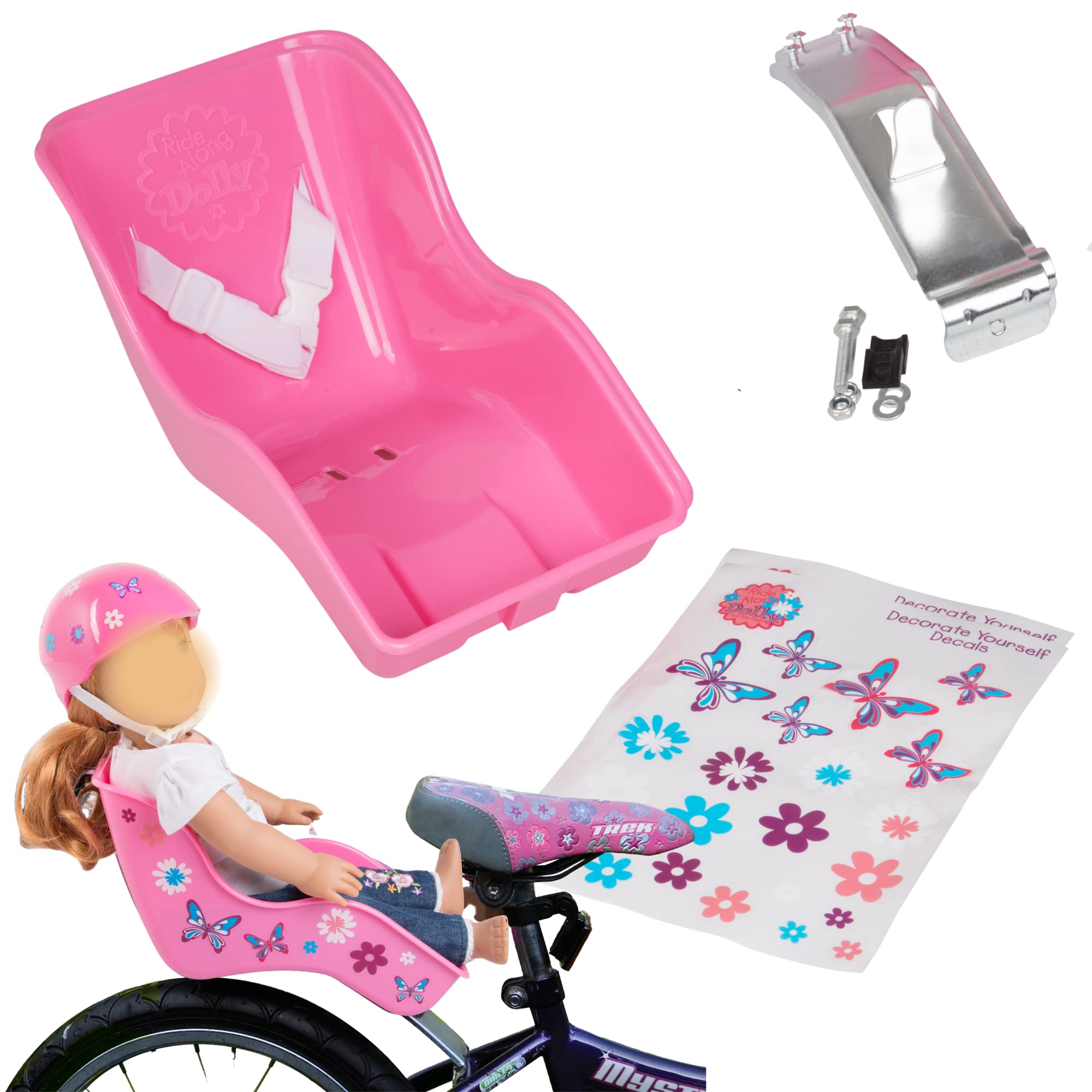 The Original Doll Bicycle Seat (Pink)- Bike Attachment Accessory for All 18"-22" Dolls & Stuffed Animals- Decorate Yourself Decals Included! Kids Gift, Fits Most Bikes Compatible with American Girl