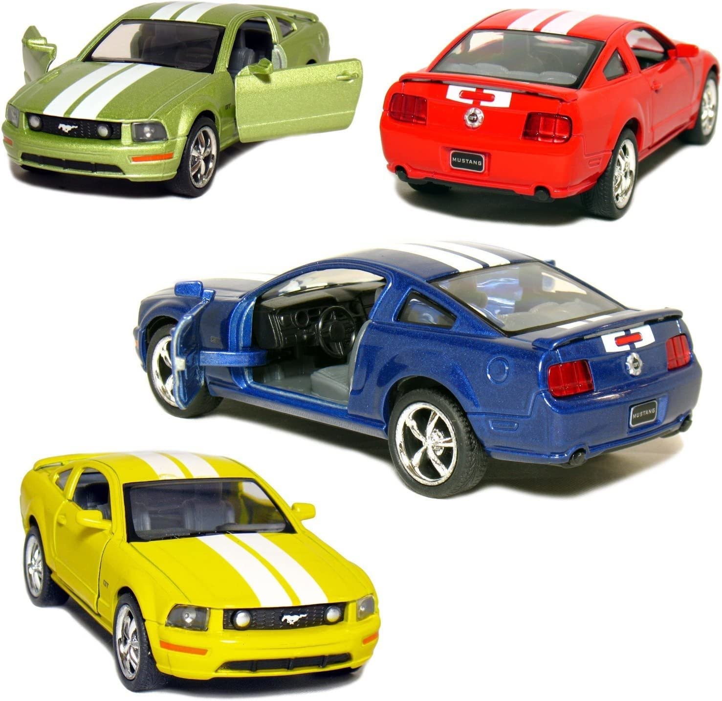 Set of 4: 5" 2006 Ford Mustang GT with Stripes 1:38 Scale (Blue/Green/Red/Yellow) by Kinsmart