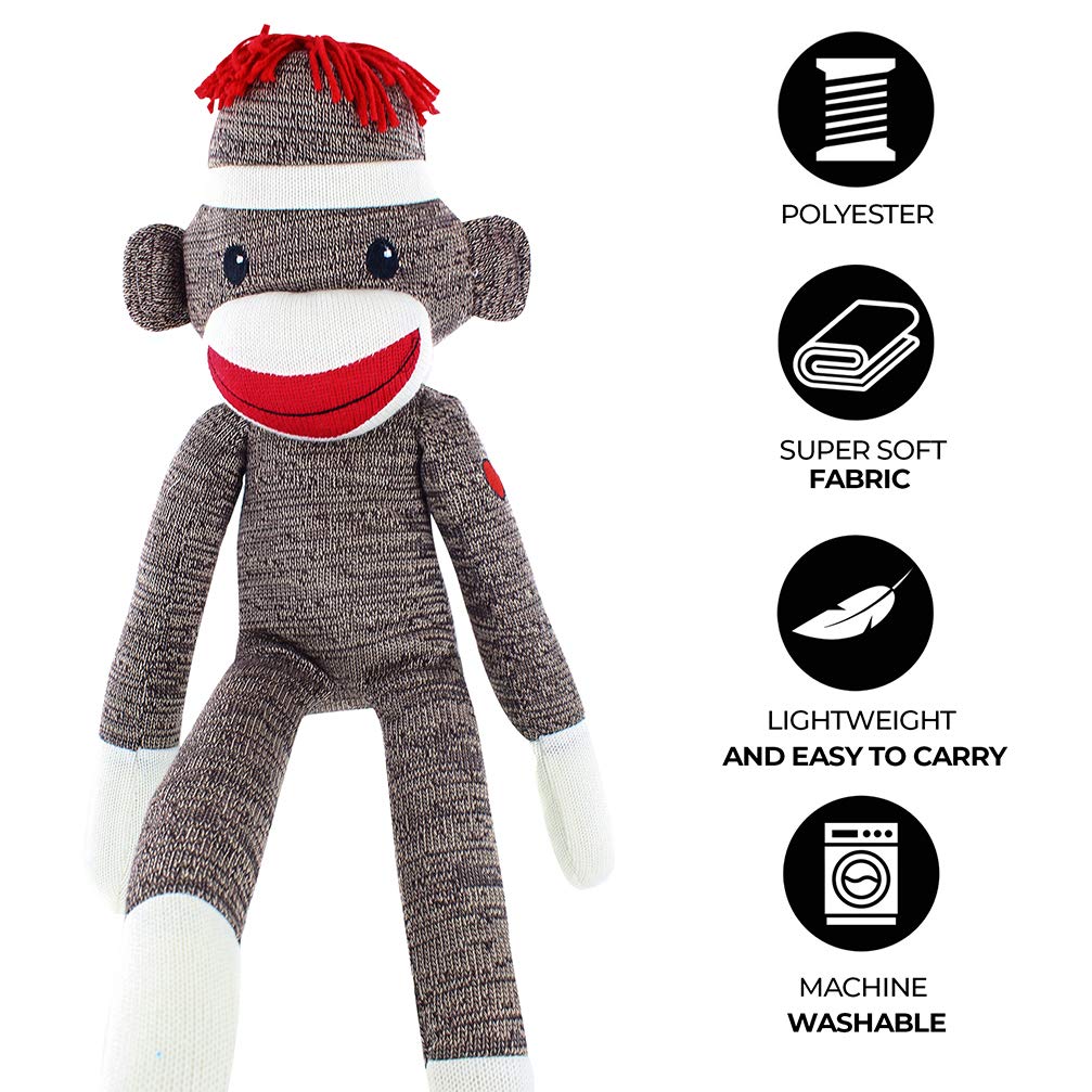 Plushland Adorable Brown Sock Monkey, The Original Traditional Hand Knitted Stuffed Animal Toy Gift-for Kids, Babies, Teens, Girls and Boys Baby Doll Present Puppet 20 Inches