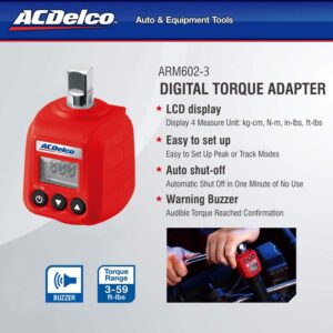 ACDelco ARM602-3 3/8” (5.9 to 59 ft-lbs.) Heavy Duty Digital Torque Adapter with Buzzer and LED Flash Notification – ISO 6789 Standards with Certificate of Calibration