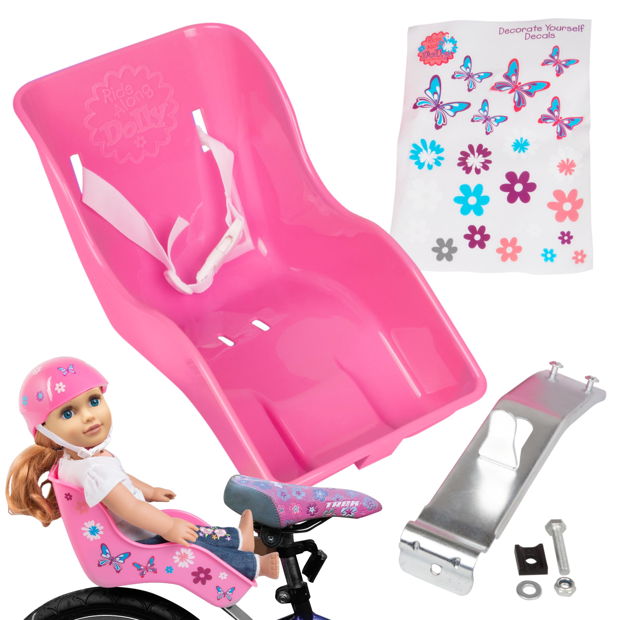 The Original Doll Bicycle Seat (Pink)- Bike Attachment Accessory for All 18"-22" Dolls & Stuffed Animals- Decorate Yourself Decals Included! Kids Gift, Fits Most Bikes Compatible with American Girl