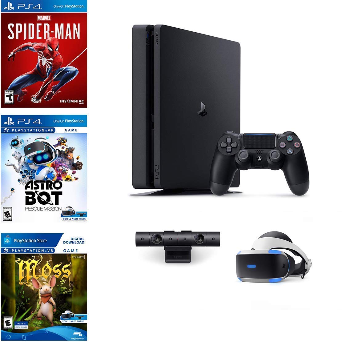 Sony-Playstation 4 Slim 1TB Console PS4 VR Bundle: PS Camera, PS VR Headset, Dual Shock 4 Wireless Controller, Game: Astro Bot Rescue Mission, Spider-Man, Moss Game, Choose Your Holiday PS 4 System