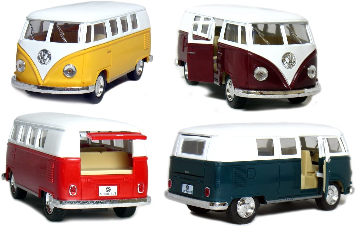 Set of 4: 5" Classic 1962 Volkswagen Van 1:32 Scale (Green/Maroon/Red/Yellow)