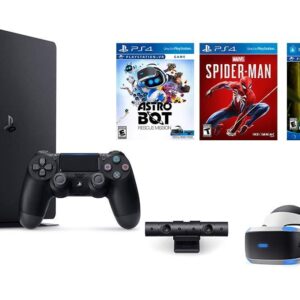 Sony-Playstation 4 Slim 1TB Console PS4 VR Bundle: PS Camera, PS VR Headset, Dual Shock 4 Wireless Controller, Game: Astro Bot Rescue Mission, Spider-Man, Moss Game, Choose Your Holiday PS 4 System