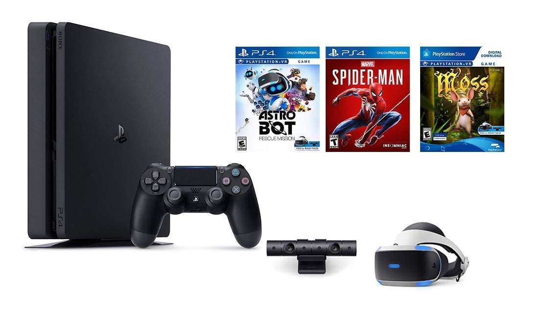 Sony-Playstation 4 Slim 1TB Console PS4 VR Bundle: PS Camera, PS VR Headset, Dual Shock 4 Wireless Controller, Game: Astro Bot Rescue Mission, Spider-Man, Moss Game, Choose Your Holiday PS 4 System