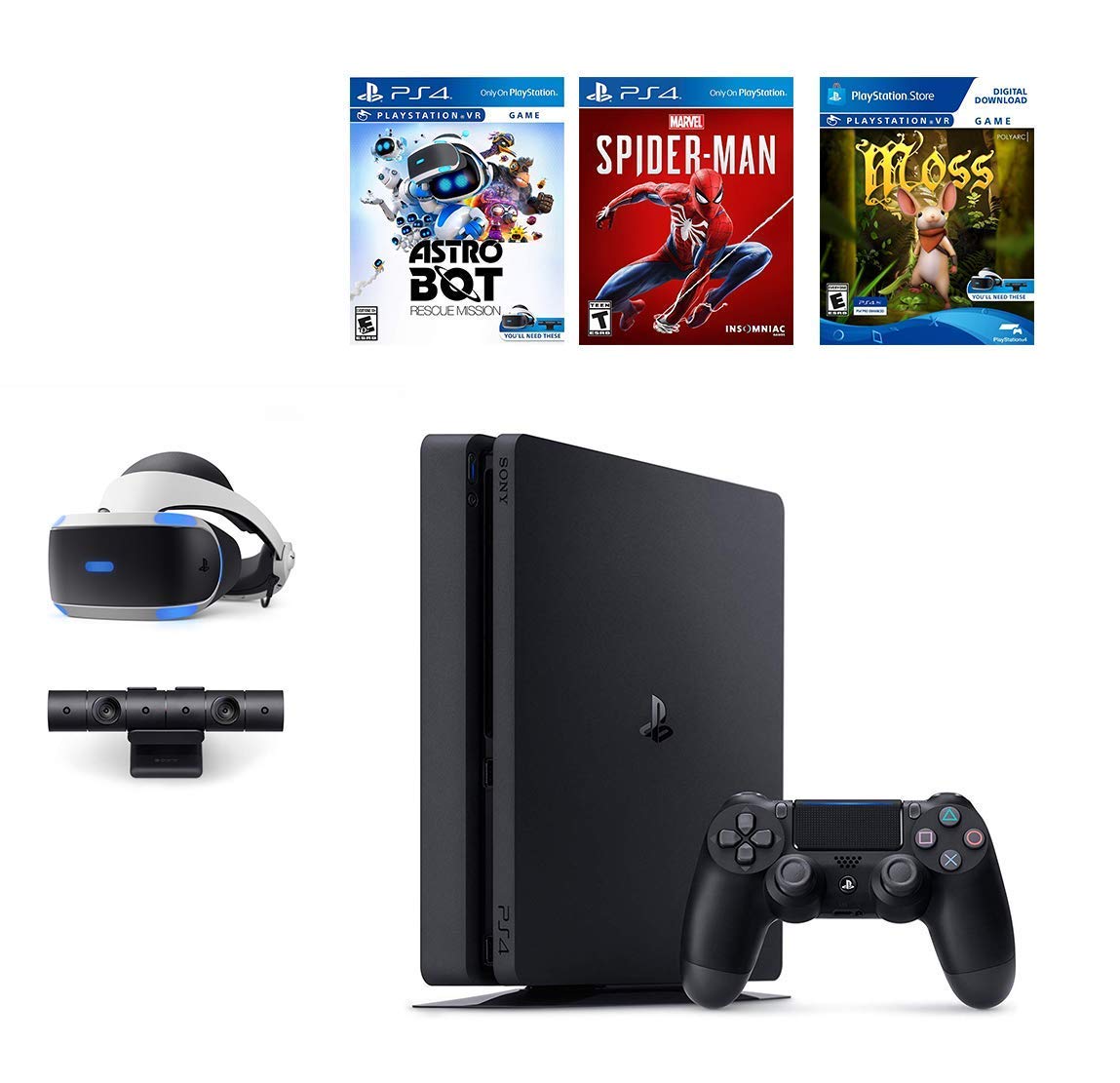 Sony-Playstation 4 Slim 1TB Console PS4 VR Bundle: PS Camera, PS VR Headset, Dual Shock 4 Wireless Controller, Game: Astro Bot Rescue Mission, Spider-Man, Moss Game, Choose Your Holiday PS 4 System