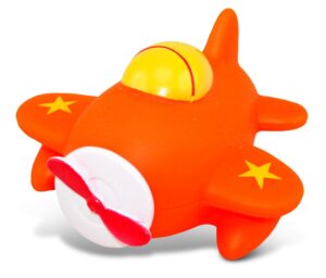 dollibu airplane bath buddy squirter – floating orange airplane rubber bath toy, fun water squirting bathtime play for toddlers, cute and soft aircrafts toy for the bathtub, beach and pool for kids