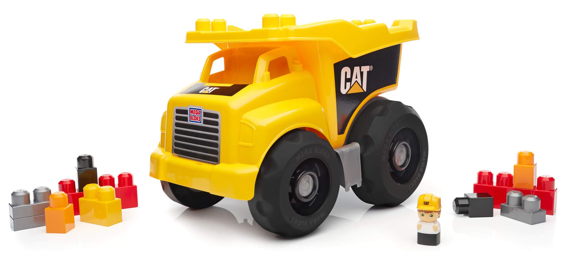 Mega BLOKS Cat Toddler Blocks Building Toy Set, Large Dump Truck with 25 Pieces and Storage, Yellow, Ages 1+ Years