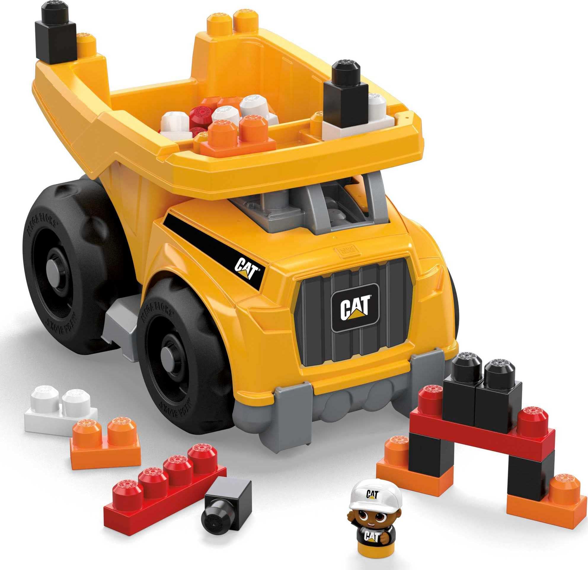 Mega BLOKS Cat Toddler Blocks Building Toy Set, Large Dump Truck with 25 Pieces and Storage, Yellow, Ages 1+ Years