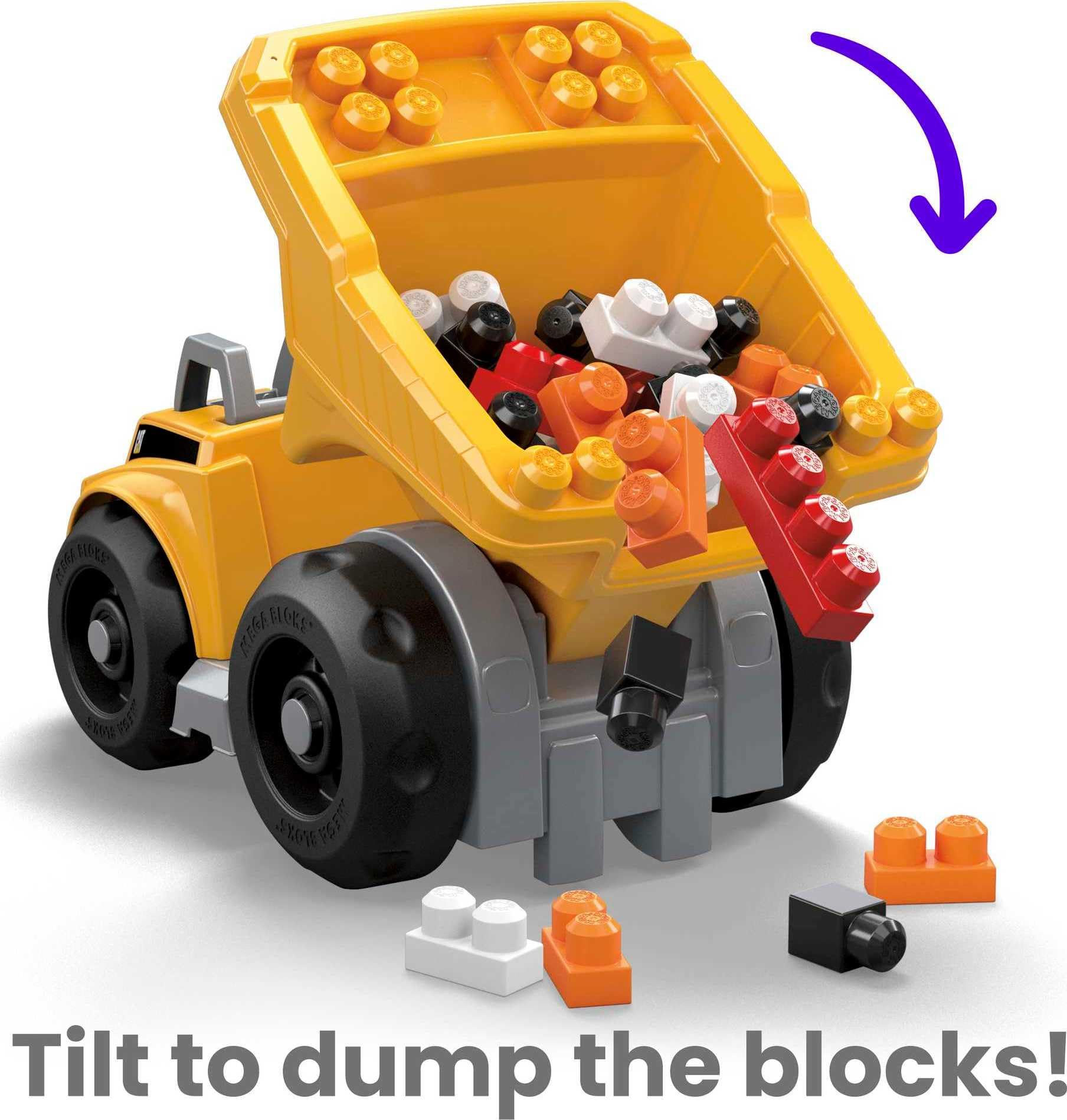 Mega BLOKS Cat Toddler Blocks Building Toy Set, Large Dump Truck with 25 Pieces and Storage, Yellow, Ages 1+ Years