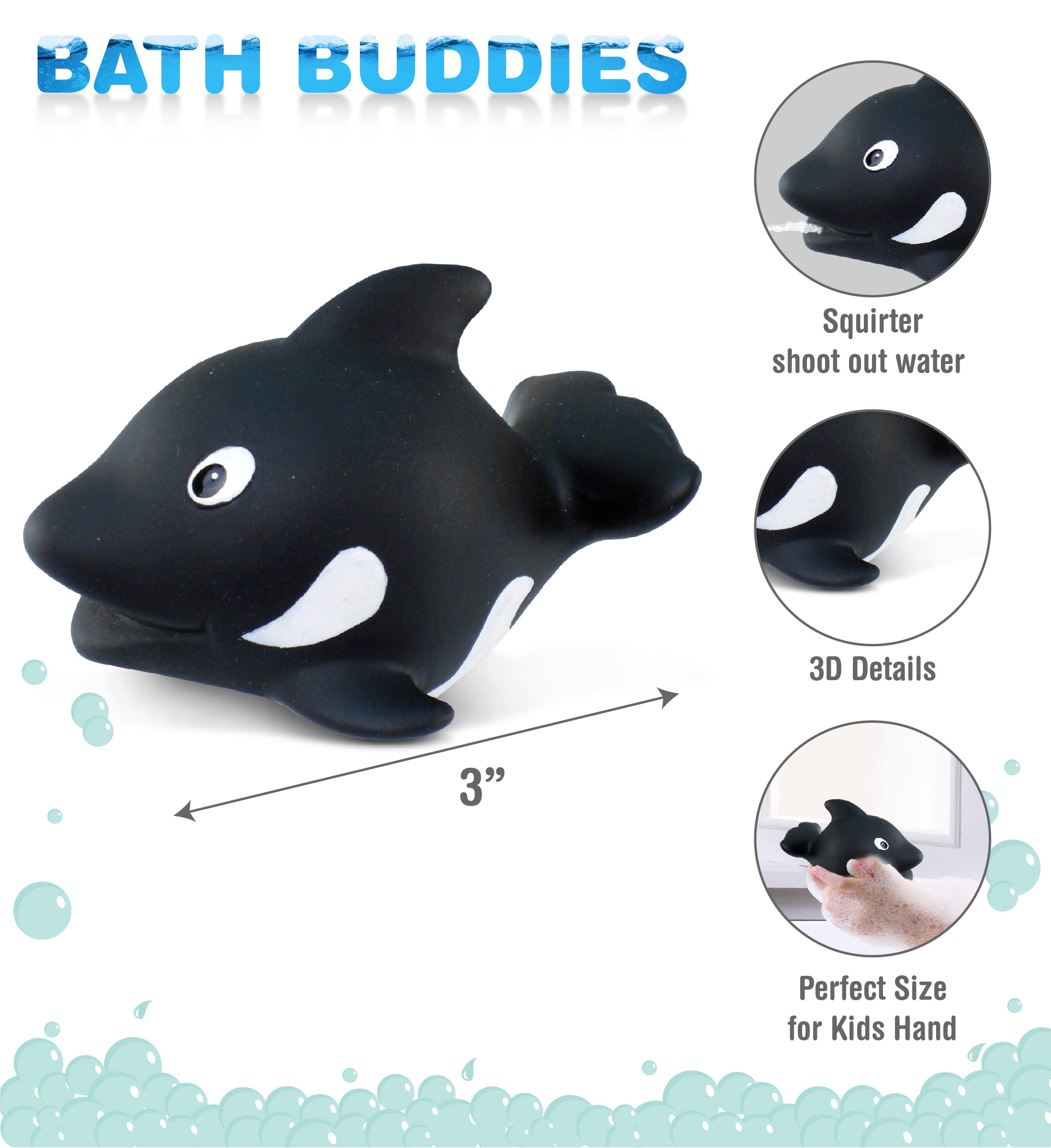 DolliBu Killer Whale Bath Buddy Squirter - Floating Orca Whale Rubber Bath Toy, Fun Water Squirting Bathtime Play for Toddlers, Cute Sea Life Animal Toy for The Bathtub, Beach & Pool for Girls & Boys