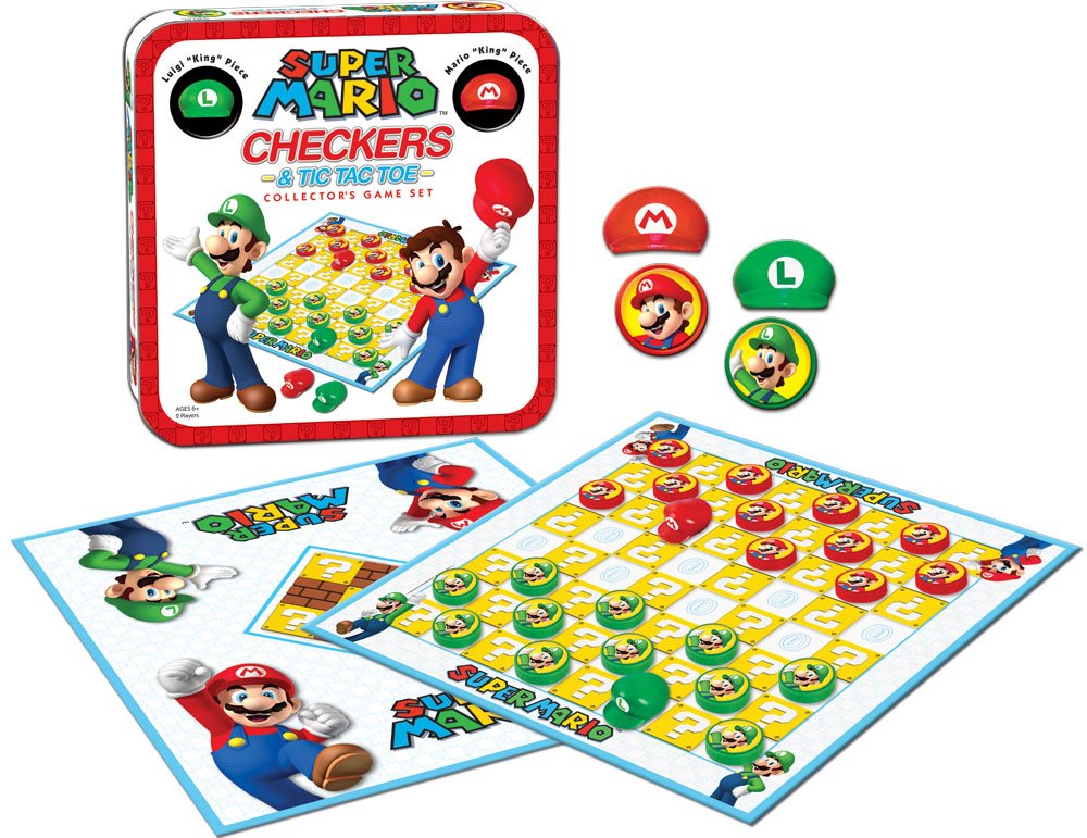 Super Mario Checkers & Tic-Tac-Toe Collector's Game Set | Featuring Super Mario Bros - Mario & Luigi | Collectible Checkers and TicTacToe Perfect for Mario Fans