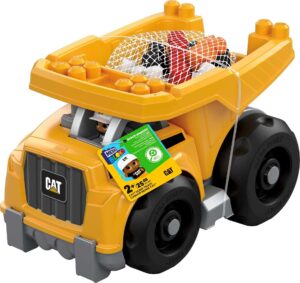 mega bloks cat toddler blocks building toy set, large dump truck with 25 pieces and storage, yellow, ages 1+ years