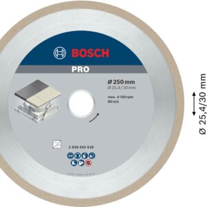 Bosch 2608602638 Diamond Cutting Disc Best for Ceramic, 250mm Ø, 30/25.40mm x 2.4mm x 10mm, Silver/Grey