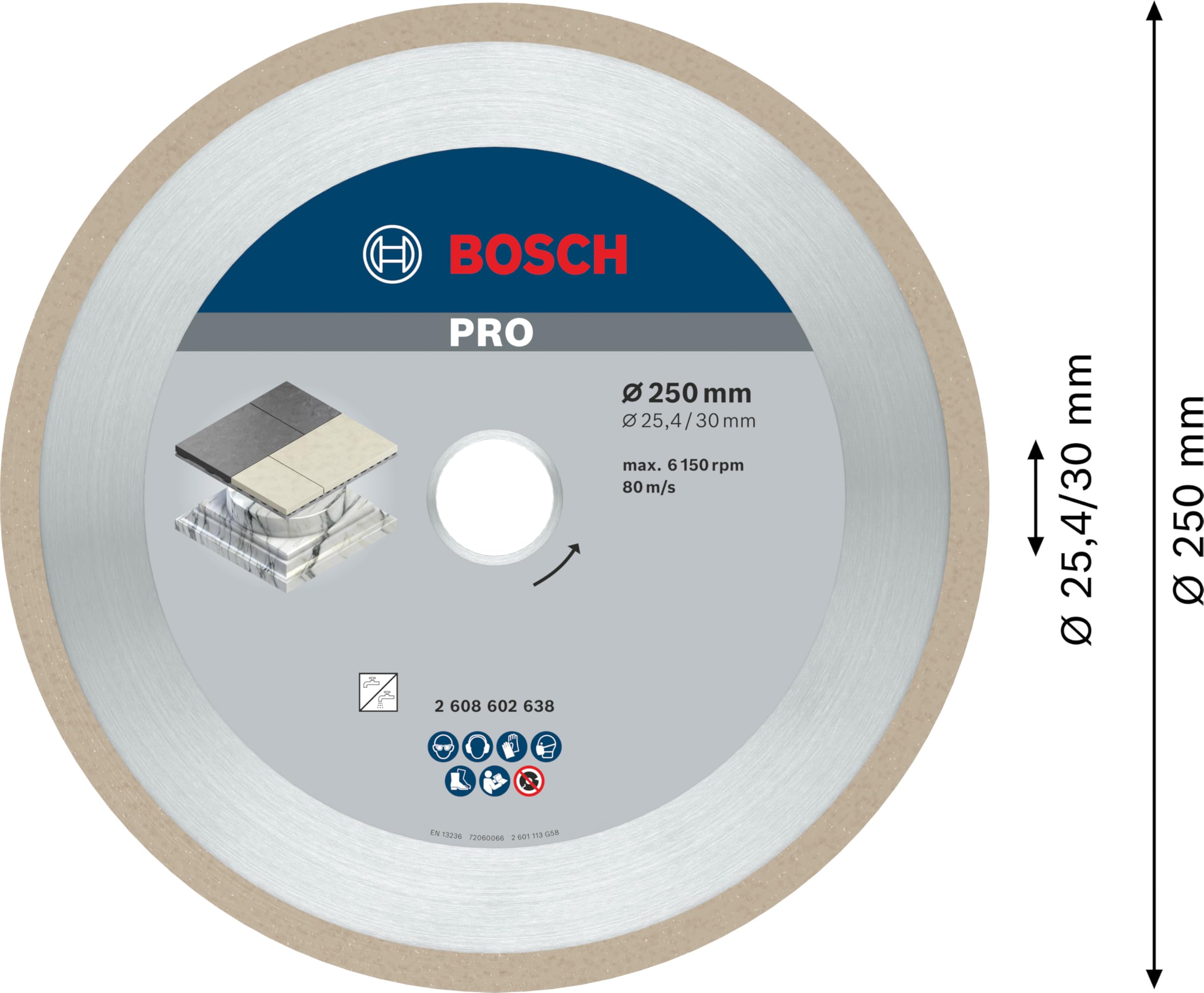 Bosch 2608602638 Diamond Cutting Disc Best for Ceramic, 250mm Ø, 30/25.40mm x 2.4mm x 10mm, Silver/Grey