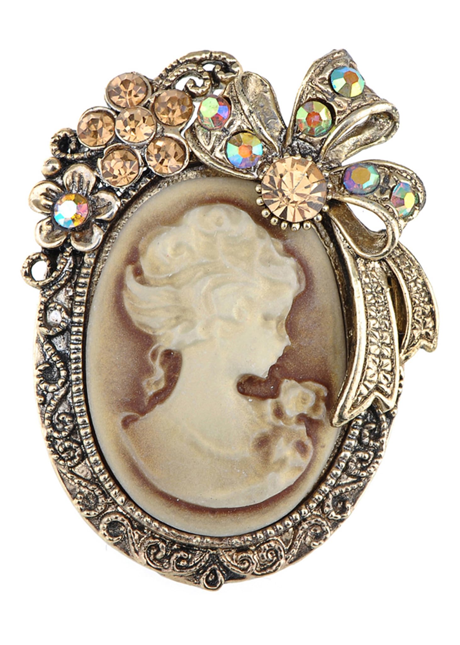 Alilang Vintage Inspired Crystal Rhinestone Victorian Lady Cameo Brooch Pin Maiden Flower Ribbon Bow Pendant