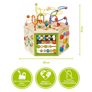 EverEarth Garden Activity Cube. Wood Shape & Color Sorter, Bead Maze & Counting Baby Toy