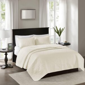 Madison Park Quebec Quilt Set - Luxurious Damask Stitching Design, Cotton Filled Lightweight Coverlet Bedspread Bedding, Shams, King/Cal King(104"x94"), Cream 3 Piece