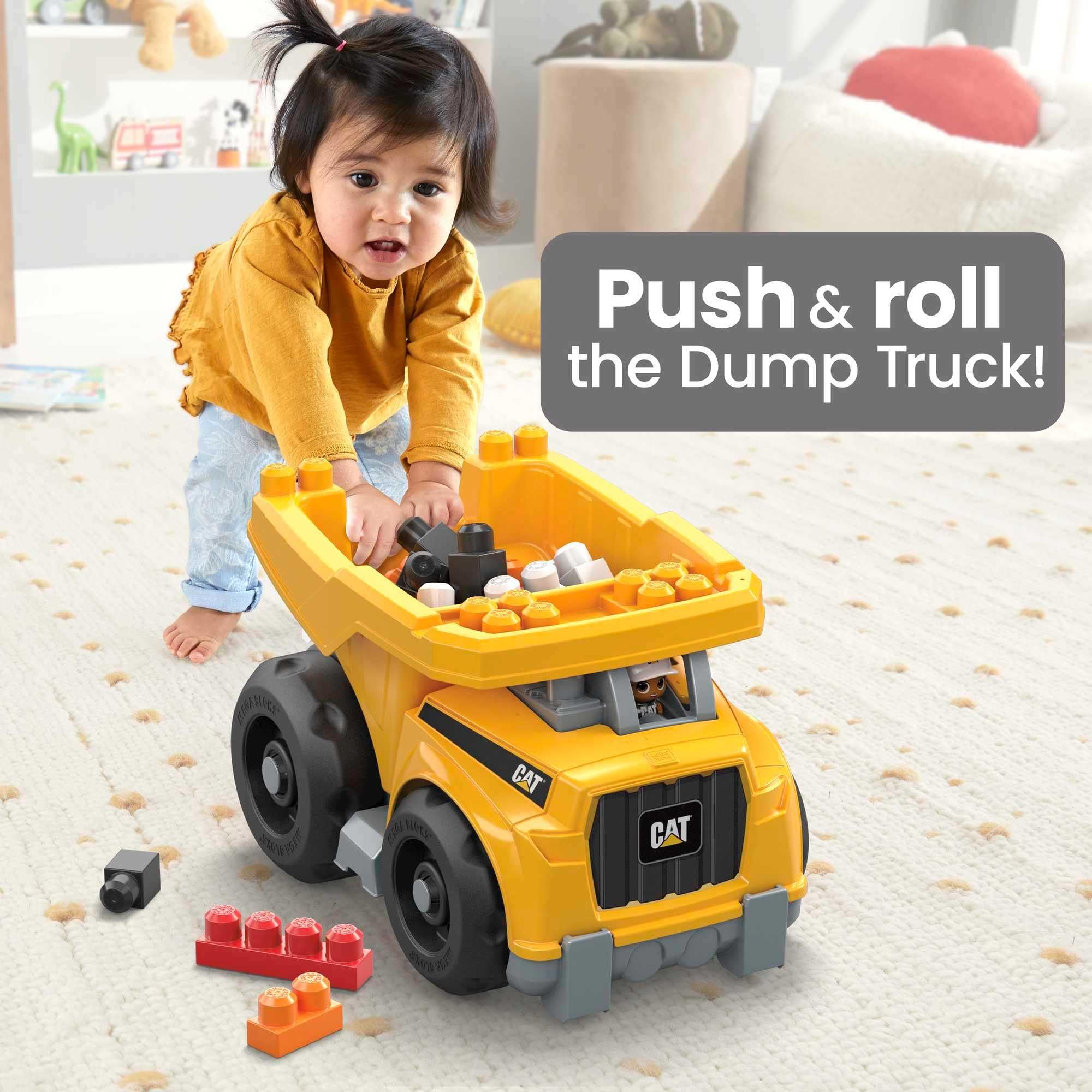 Mega BLOKS Cat Toddler Blocks Building Toy Set, Large Dump Truck with 25 Pieces and Storage, Yellow, Ages 1+ Years