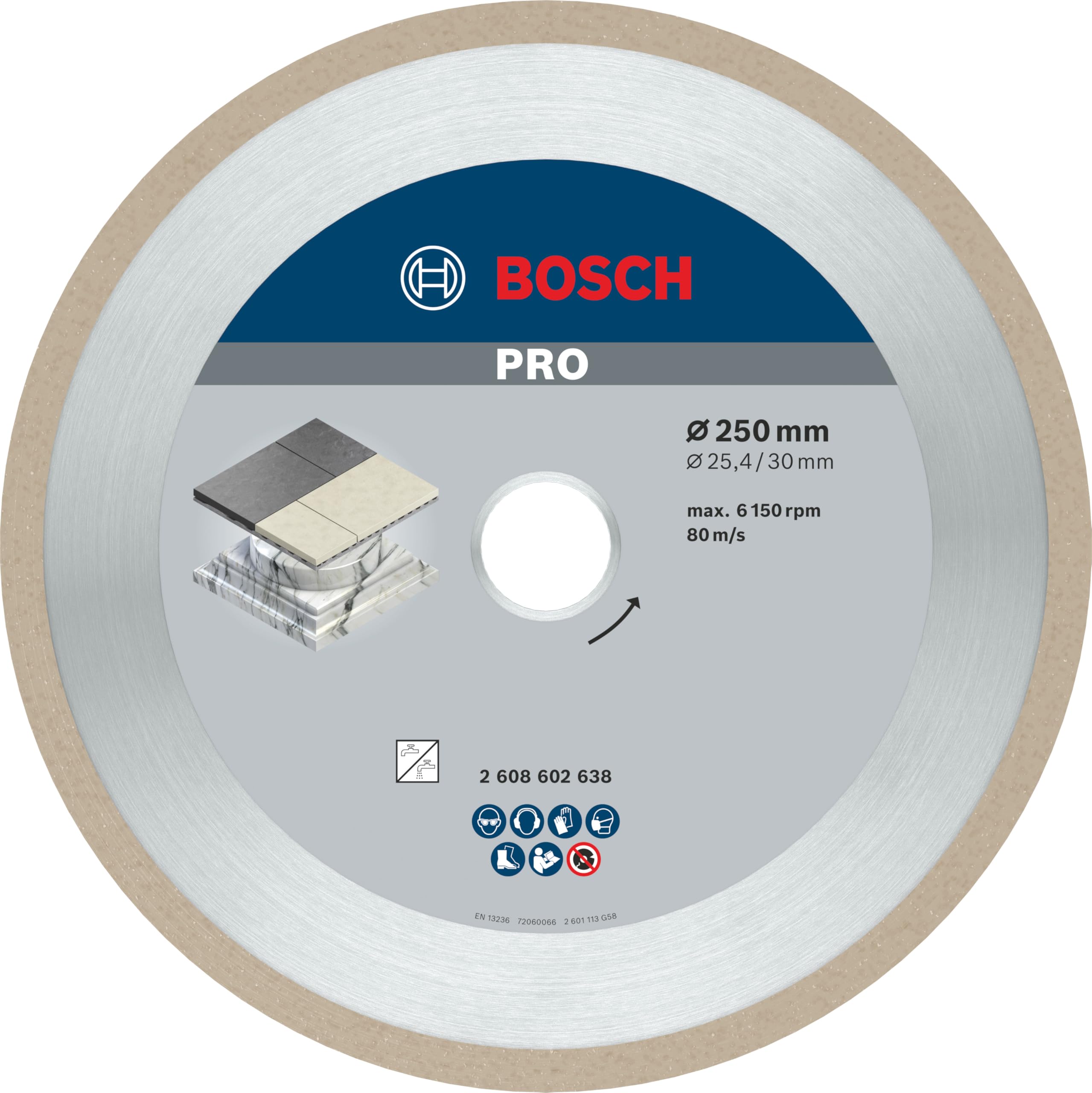 Bosch 2608602638 Diamond Cutting Disc Best for Ceramic, 250mm Ø, 30/25.40mm x 2.4mm x 10mm, Silver/Grey