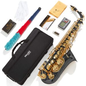 mendini by cecilio eb alto saxophone - case, tuner, mouthpiece, 10 reeds, pocketbook- gold e flat musical instruments