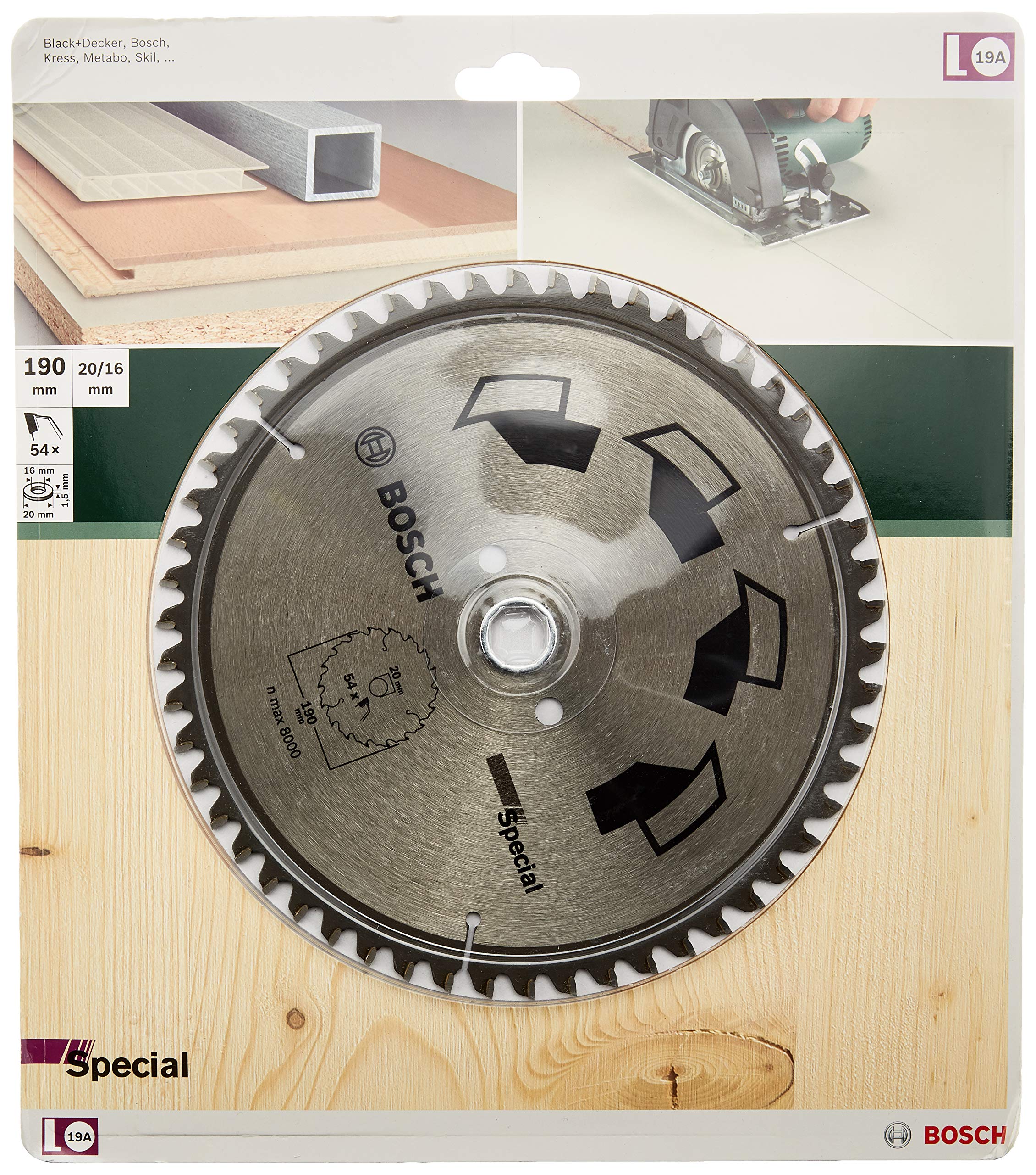 Bosch 1x Circular Saw Blade Special (for Wood, Non-Ferrous Metals, Plastic, Ø 190 x 2.5/1.8 x 20/16 mm, 54 Teeth, FT, with 1x Reduction ring 16 mm, Accessories for Circular Saws)