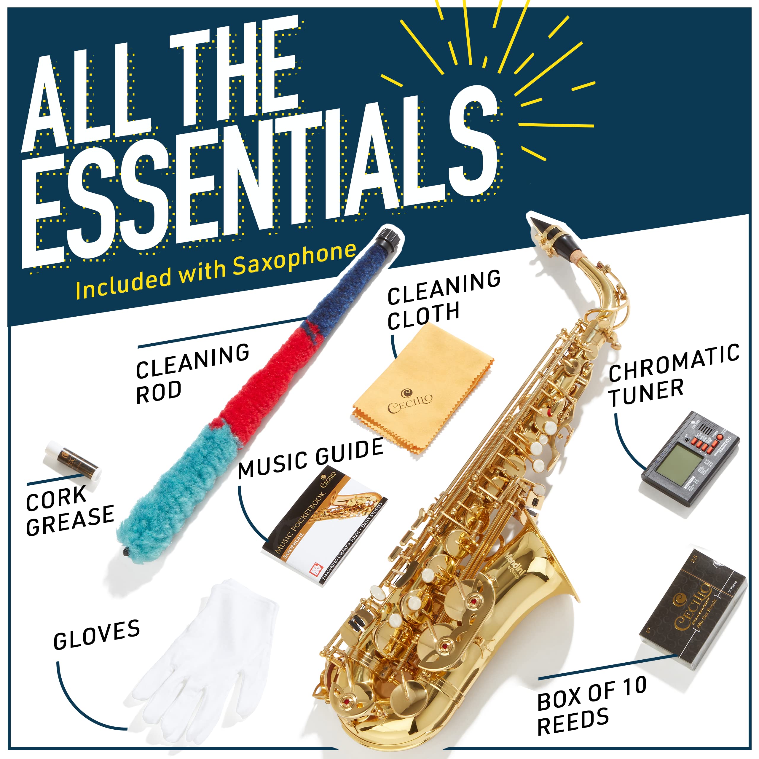 Mendini By Cecilio Eb Alto Saxophone - Case, Tuner, Mouthpiece, 10 Reeds, Pocketbook- Gold E Flat Musical Instruments