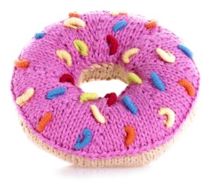 pebble | handmade donut baby rattle with sprinkles - pink | knitted baby toy | fair trade | play food | machine washable