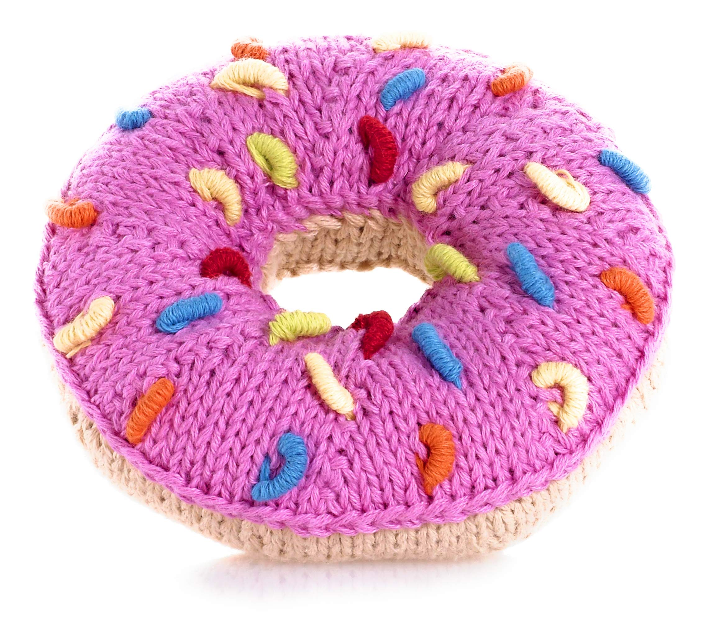 Pebble | Handmade Donut Baby Rattle with Sprinkles - Pink | Knitted Baby Toy | Fair Trade | Play Food | Machine Washable