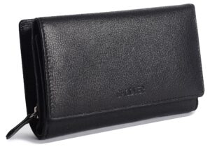 saddler womens luxurious leather trifold rfid protected wallet clutch purse with zipper coin purse | designer multi credit card holder for ladies | gift boxed - black