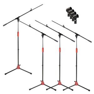 tripod microphone boom stand with mic clip adapter (pack of 4) by griffin | adjustable holder mount for studio recording accessories, singing vocal karaoke, live stage | folding legs & telescoping arm