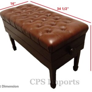 CPS Imports Genuine Leather Adjustable Duet Size Artist Concert Piano Bench Stool in Walnut Satin with Music Storage