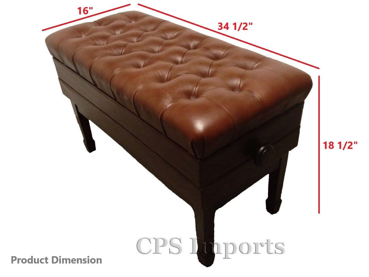 CPS Imports Genuine Leather Adjustable Duet Size Artist Concert Piano Bench Stool in Walnut Satin with Music Storage