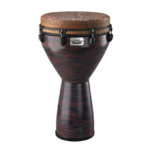 remo djembe, mondo(tm), infinity, key-tuned, 14" x 25", skyndeep natural, goat stripe brown, contour tuning brackets, eco-grain choco red finish