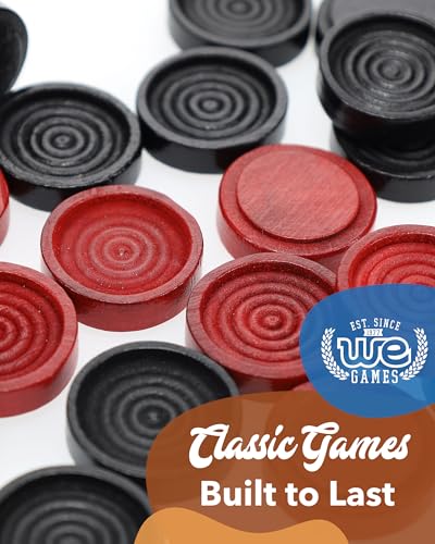 WE Games Checkers Pieces Only, Wooden Checker Board Game Pieces, 24 Red and Black Stackable Pieces, Drawstring Storage Bag, 1.062 Diameter