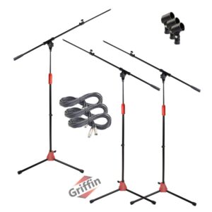 microphone boom stand with xlr mic cable & clip (pack of 3) by griffin | telescoping arm tripod legs for studio recording accessories, singing vocal karaoke, live stage | 20ft pro audio mic cord wire