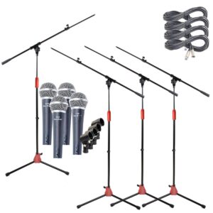 microphone stand with telescoping boom arm, 20 ft xlr cable (pack of 4) by griffin | handheld dynamic mic & clip | dj pro-audio cardioid singing microphones for home studio recording & live steaming