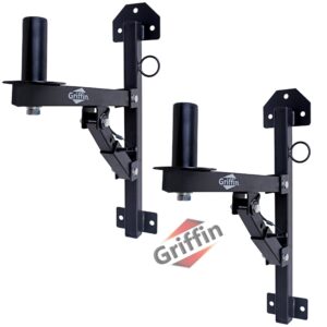 premium pa speakers wall mount brackets by griffin | set of 2 all steel pro-audio speaker 35mm pole holder | securing locking pin & 3 horizontal level tilt adjustments | on stage studio monitor stands