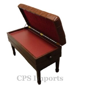 CPS Imports Genuine Leather Adjustable Duet Size Artist Concert Piano Bench Stool in Walnut Satin with Music Storage