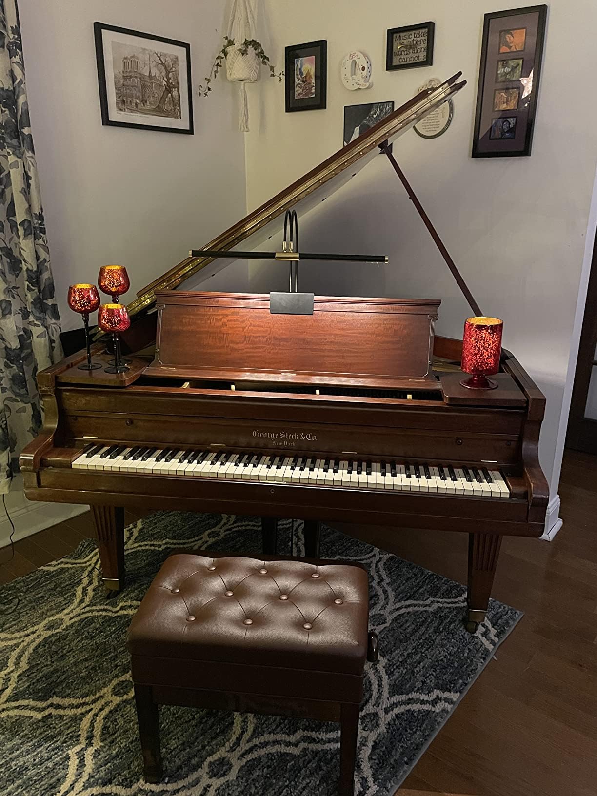 CPS Imports Adjustable Artist Piano Bench Stool in Walnut with Music Storage