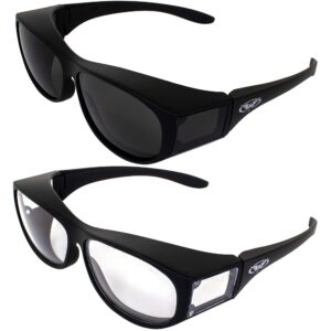 2 pairs of escort fit over safety glasses black frames clear + smoke lenses