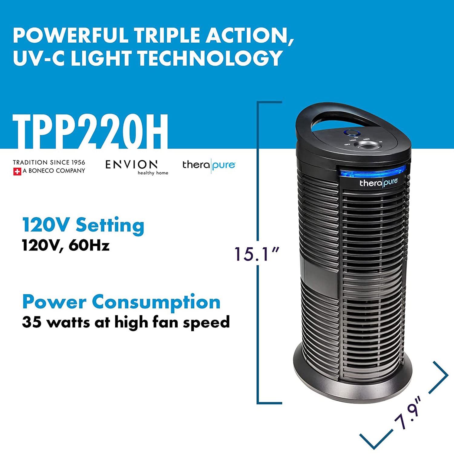 ENVION Therapure TPP220 Small Room Quiet Operating Filter HEPA Air Purifier with 3 Fan Speeds, UV-C Germicidal Light, and Built In Handle, Black