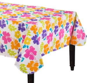 white flannel-backed vinyl oblong table cover (52" x 90") 1 pc.- vibrant hibiscus design, versatile for casual & tropical events