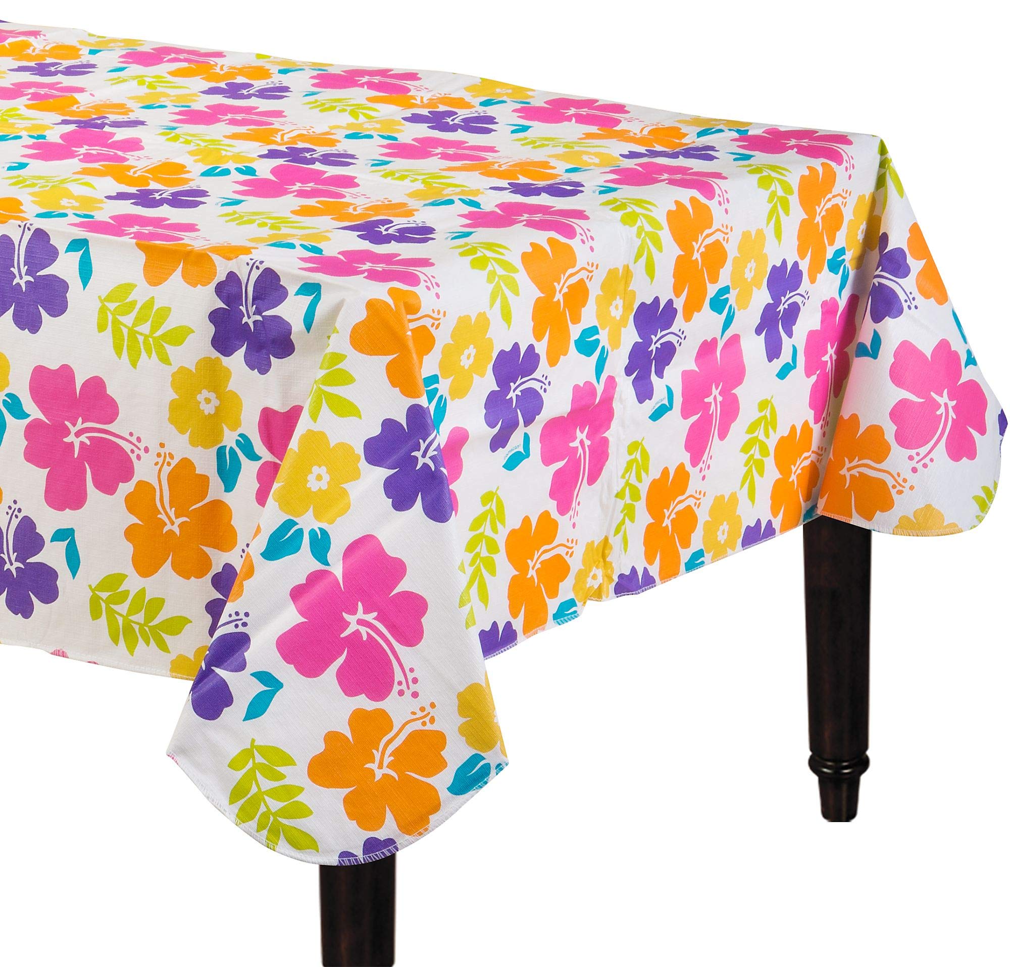 White Flannel-Backed Vinyl Oblong Table Cover (52" x 90") 1 Pc.- Vibrant Hibiscus Design, Versatile for Casual & Tropical Events