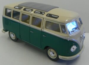 kingsmart 1962 volkswagen classic hippy bus 7" 1:24scale green die cast metal model toy pull back action car