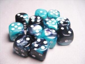 chessex dice d6 sets: gemini black & shell with white - 16mm six sided die (12) block of dice