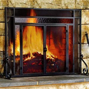 Plow & Hearth Metal Fireplace Screen Glass Flatguard Black | 38" W x 31" H | 2 - Door | Spark Guard Indoor Grate | Iron Fire Place Cover | Wood Burning Stove Decorative Accessories