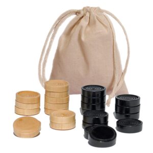 we games checkers pieces only, wooden checker board game pieces, 24 black and natural stackable player pieces with a drawstring storage bag, 1.062 inch diameter carved versatile game pieces